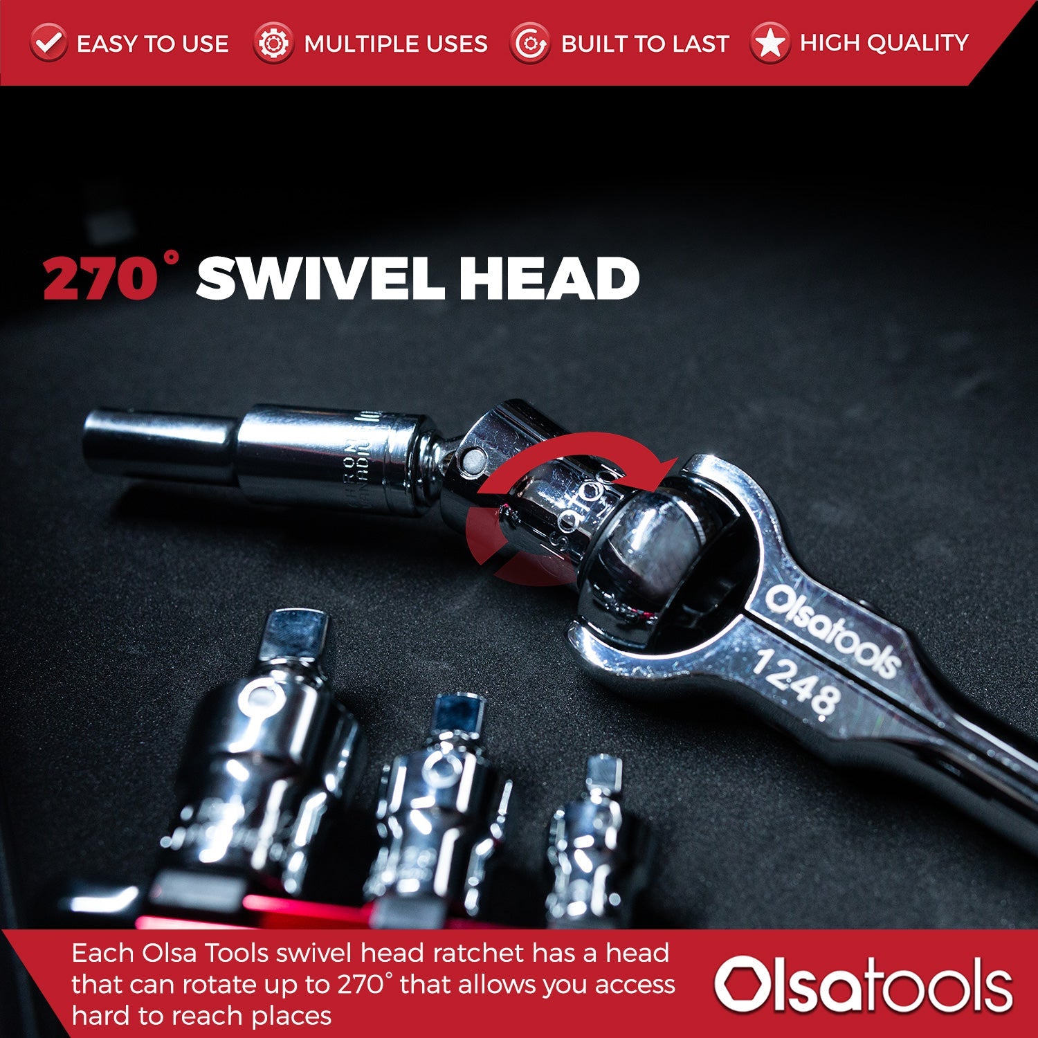 Olsa Tools Swivel Head Ratchet | 90 Tooth Round Head | Olsa Tools